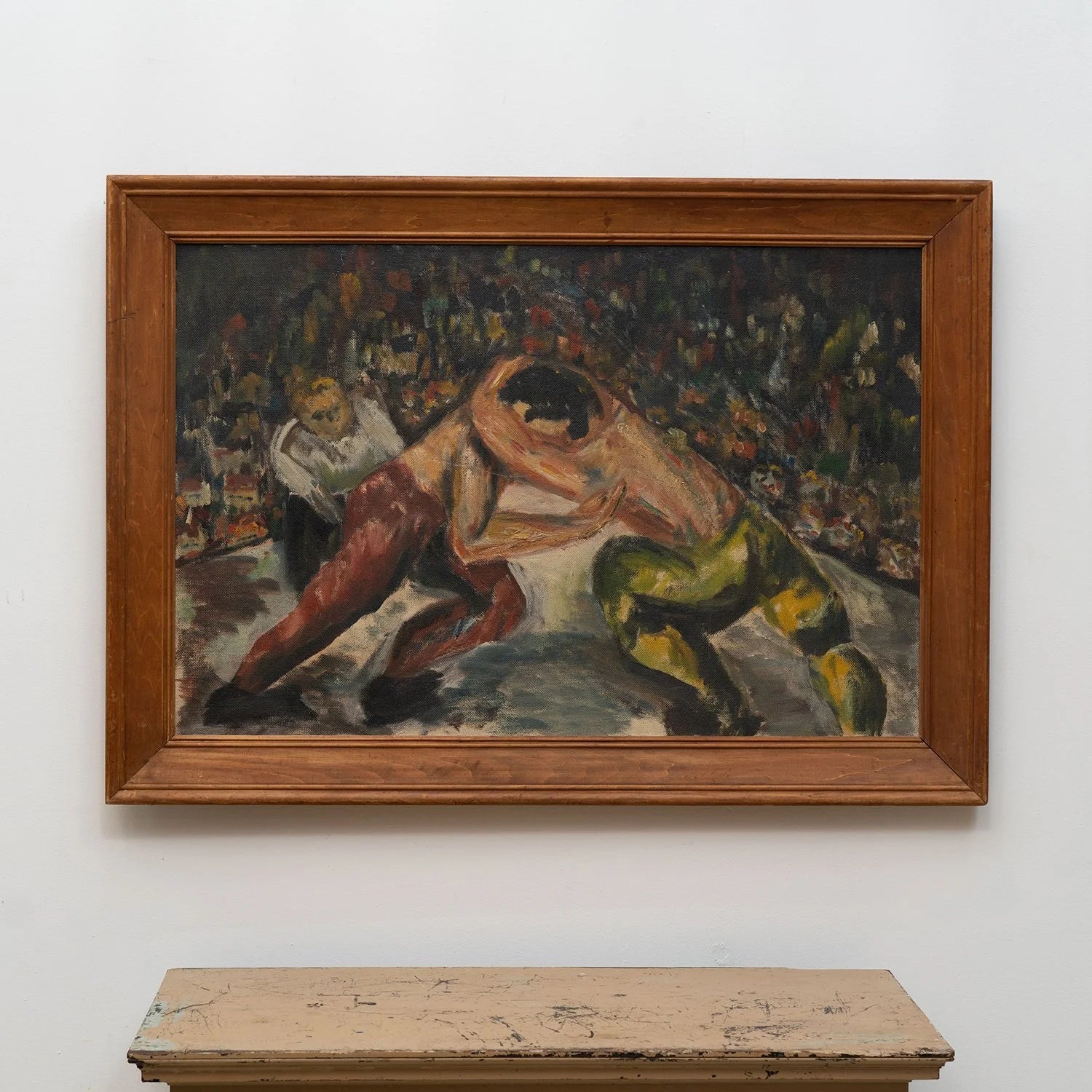 VINTAGE AMERICAN FRAMED OIL ON BOARD OF BOXERS